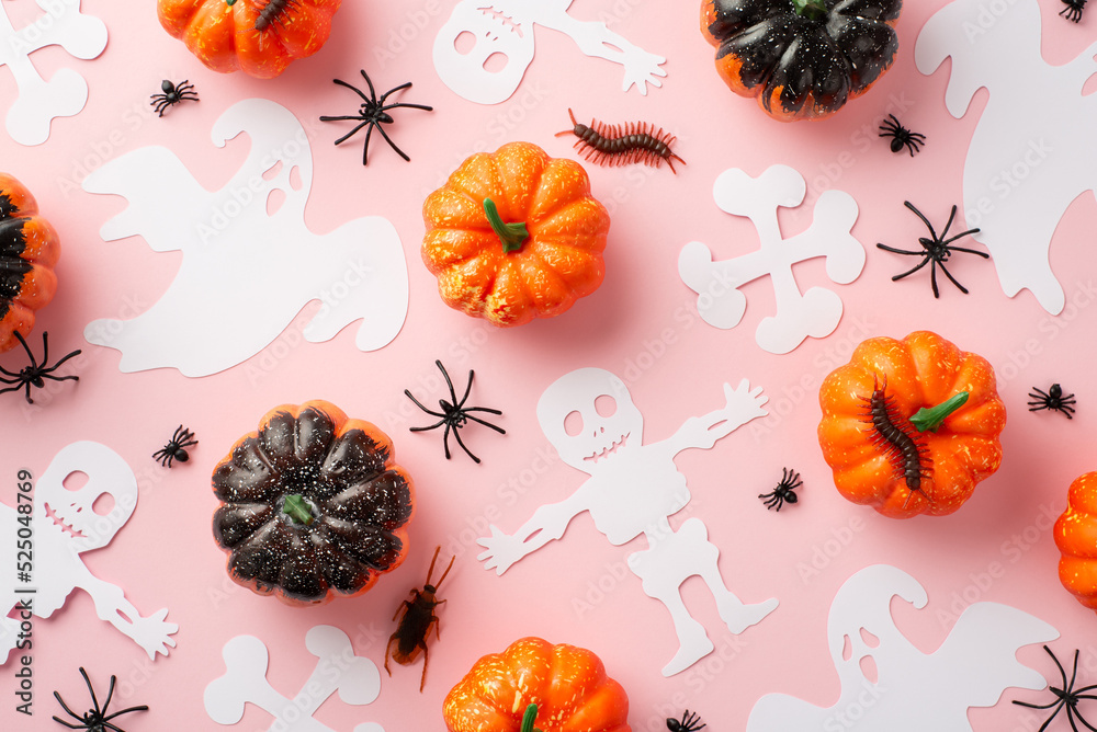 Halloween creepy decorations concept. Top view photo of ghost skeleton ...