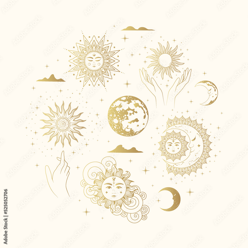 Mystical sun and moon golden collection. Isolated set of esoteric ...