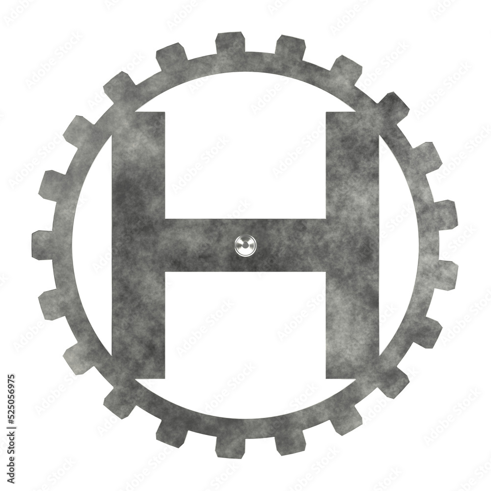 Letter H inside gear on transparent background, alphabet from old metal ...