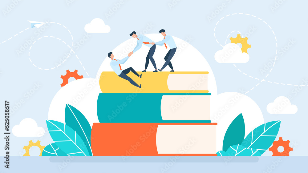 Tiny characters climb to the top of the mountain from the books ...