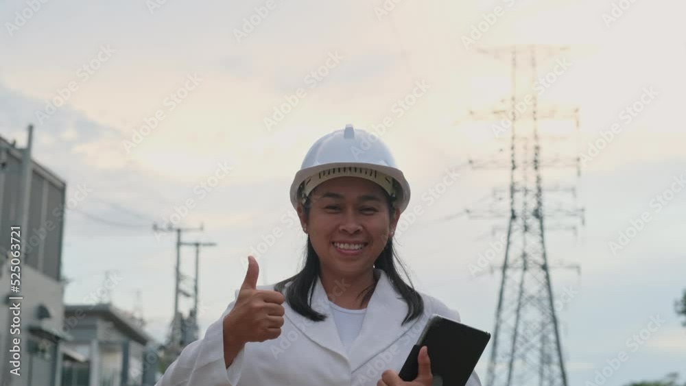 Asian female electrical engineer thumbs up and smiles on wind turbine ...