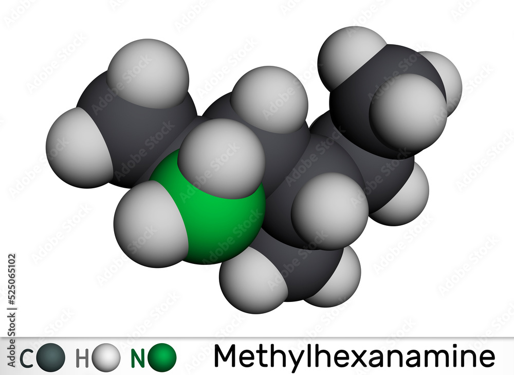 Methylhexanamine, methylhexamine, dimethylamylamine, DMAA molecule. It ...