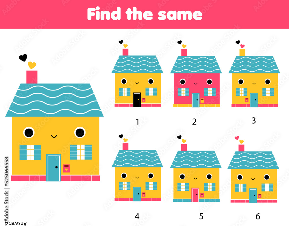 Children educational game. Find two same pictures of cute houses Stock ...