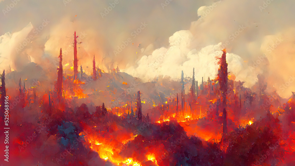 Wildfire, forest burning, 4k digital painting. Illustration of trees ...