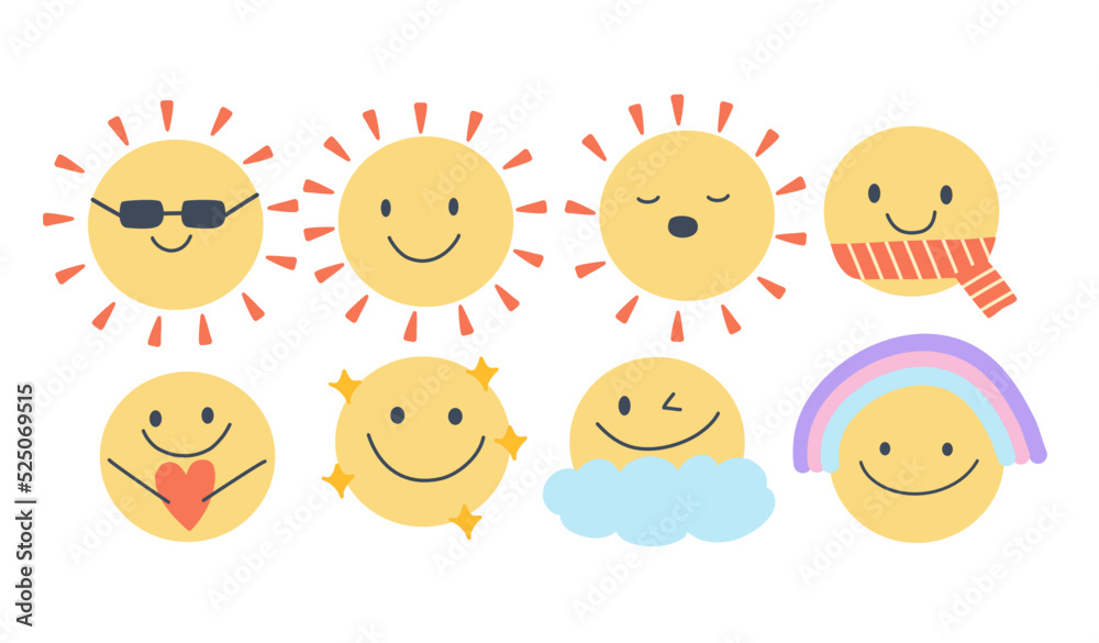 sun face collection,cute sun face,emoji cute sun set, funny sun happy ...