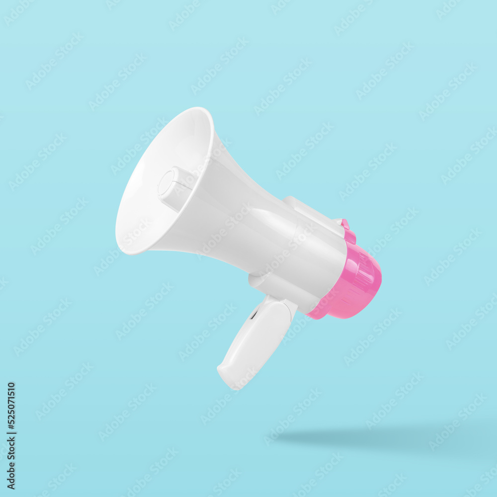 White-pink megaphone on pastel blue background. Minimal advertising ...