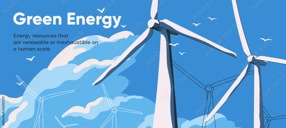 Renewable green energy banner with eco wind turbines. Landing page ...