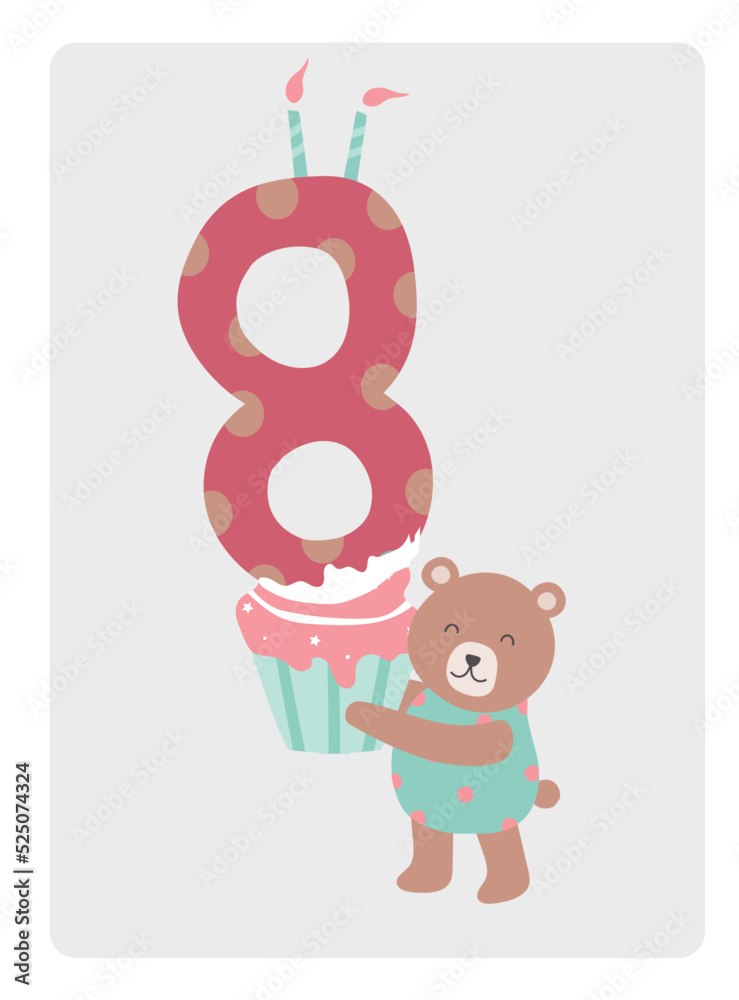 Cute animal with number eight,design for birthday cards,poster ...