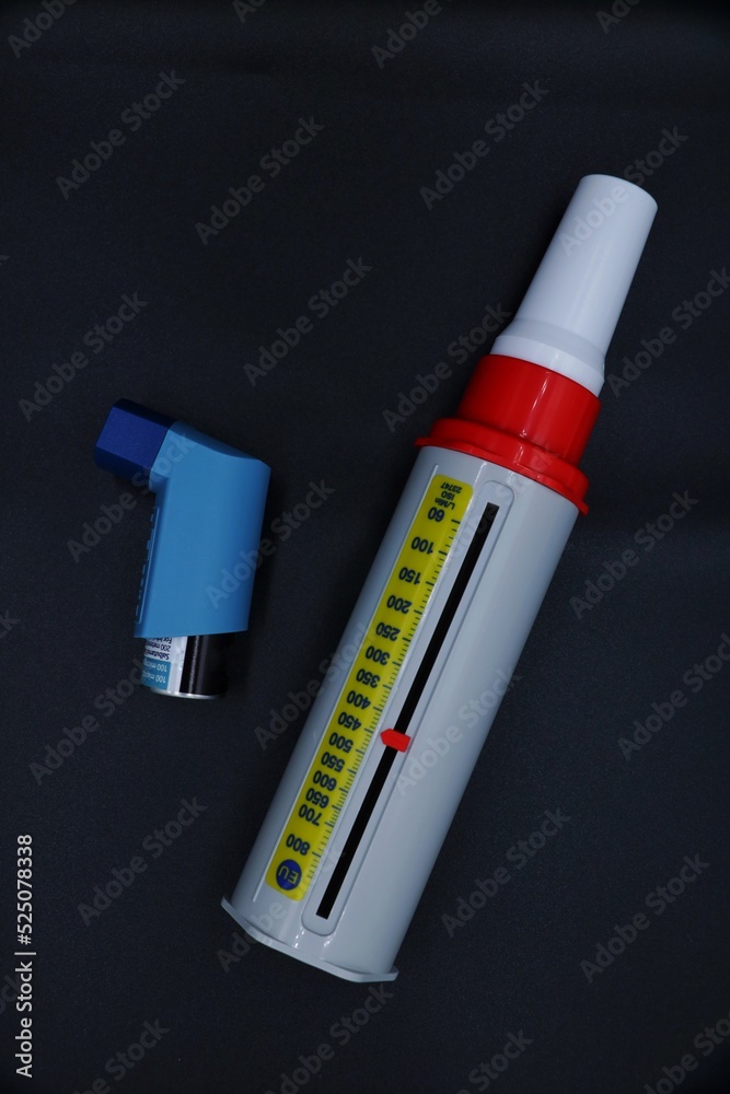A peak flow meter with an inhaler medicine. A peak flow test is used in ...