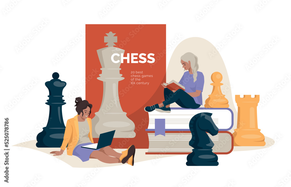 Chess. Learning to play chess. Books and chess pieces. The girl is ...