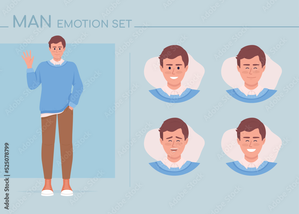 Positive young man semi flat color character emotions set. Editable ...
