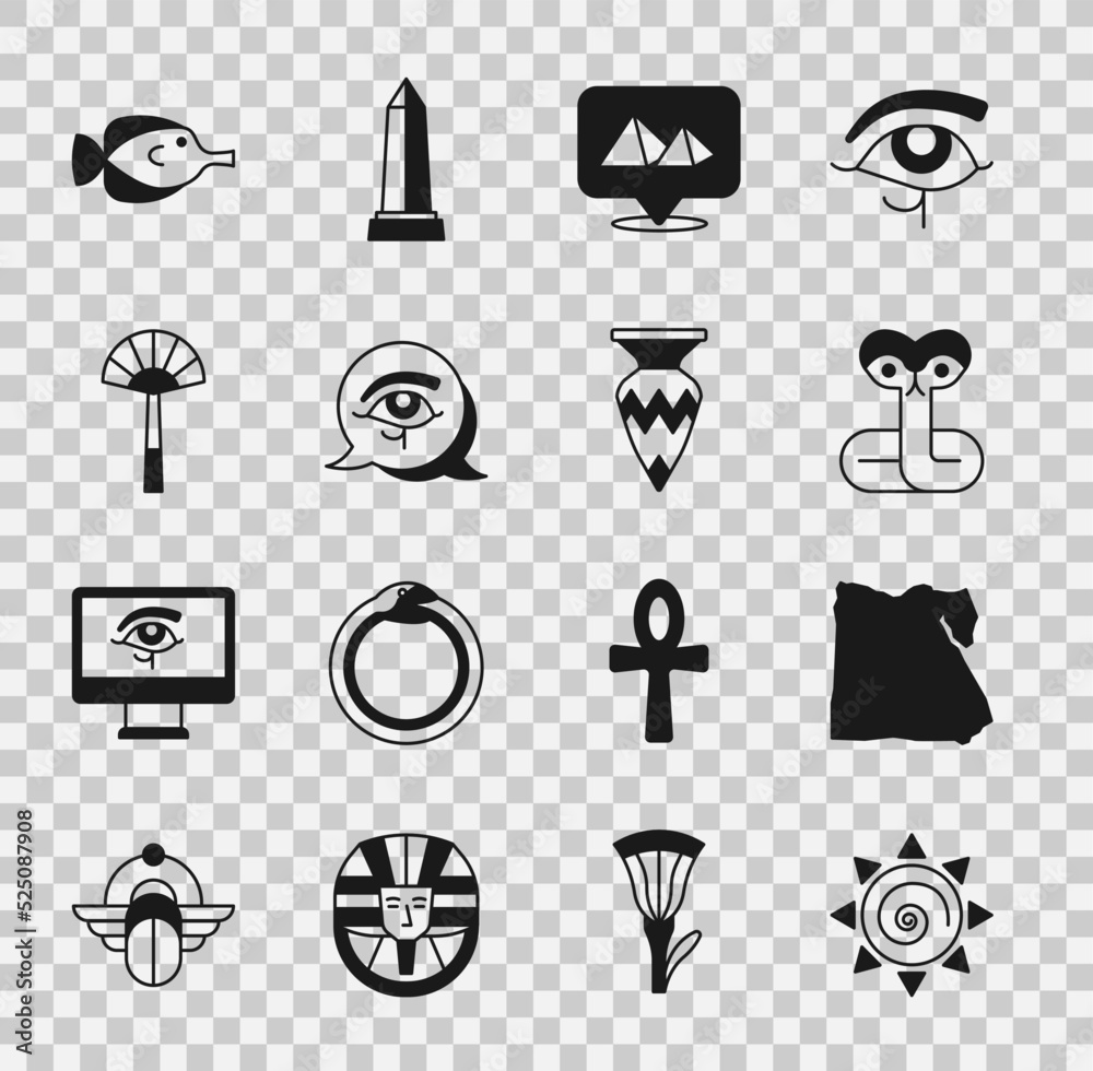 Set Sun, Map of Egypt, Snake, pyramids, Eye Horus, Egyptian fan ...