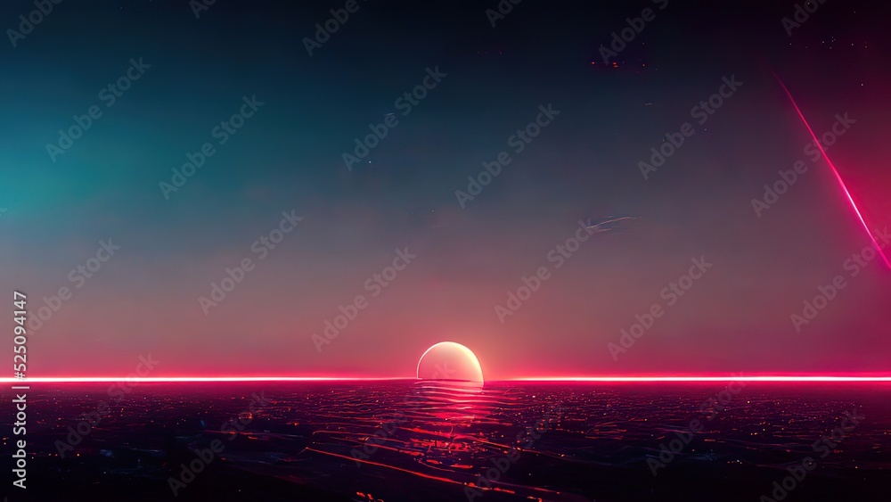 Synthwave sunset. Purple planet with pink neon horizon. Dawn, dusk ...