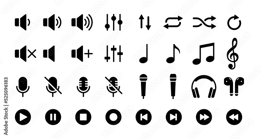 Music and sound industry vector symbols. Simple flat black icon and ...