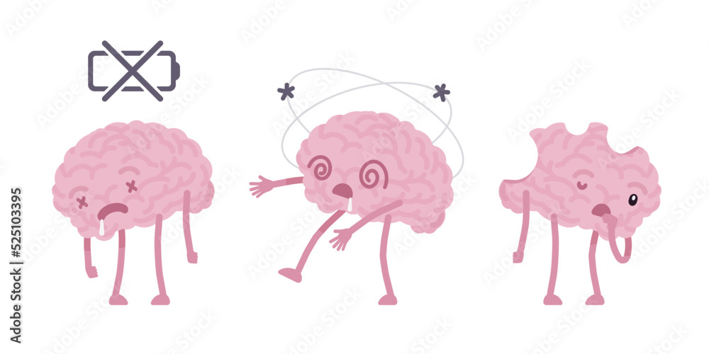 Human brain cute character set, low battery, damage, trauma. Bad level ...