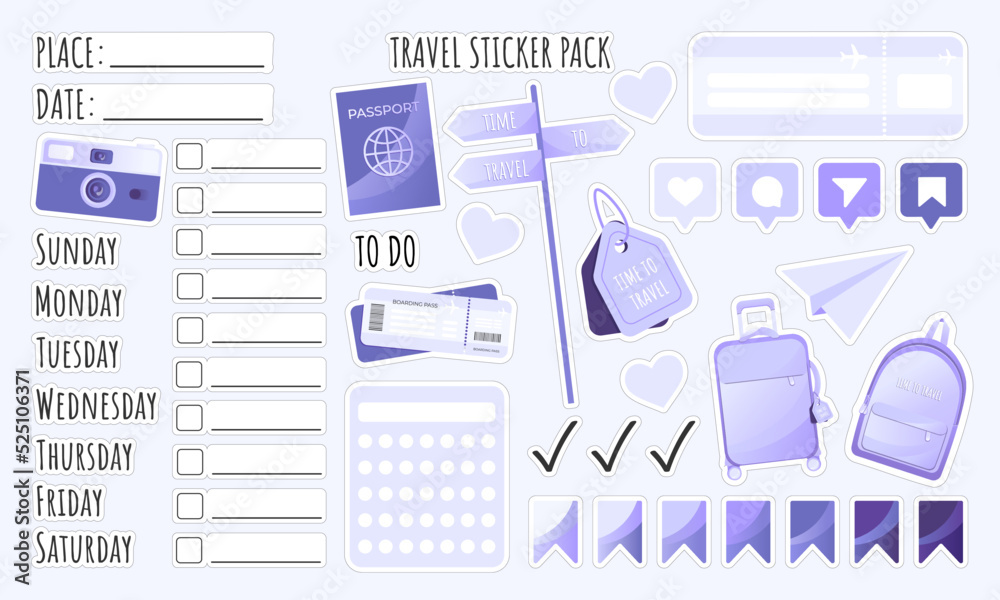 Travel sticker pack. Set of travel elements like a suitcase, camera or ...