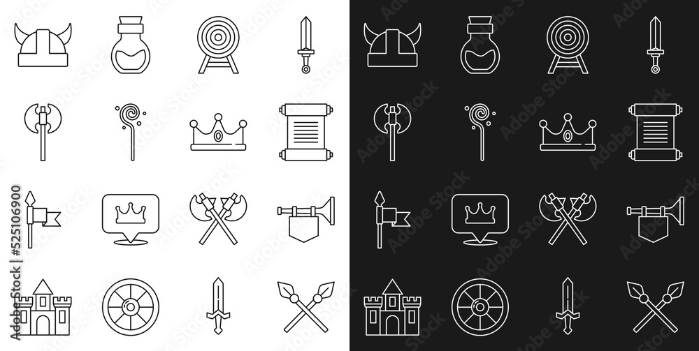 Set line Crossed medieval spears, Trumpet with flag, Decree, parchment ...