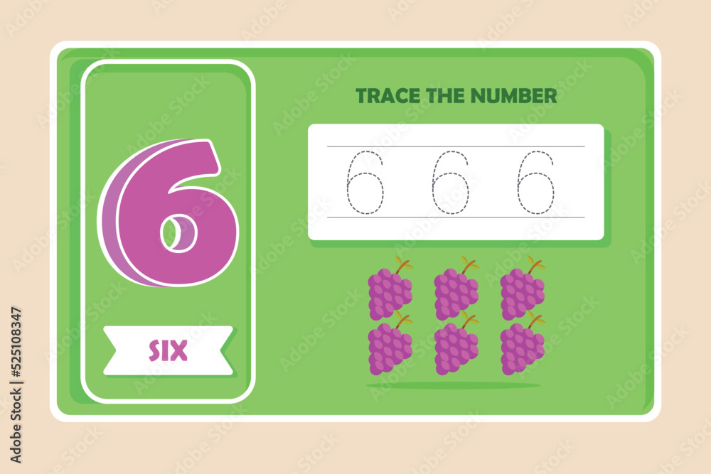 Number six tracing practice worksheet with 6 grape. Training write and ...