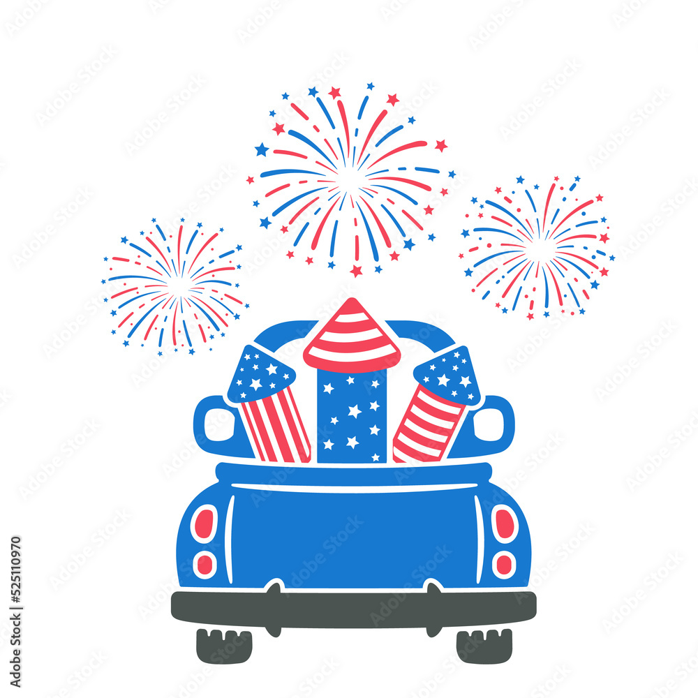 4th of july. A truck carrying rockets to shoot American flag fireworks ...