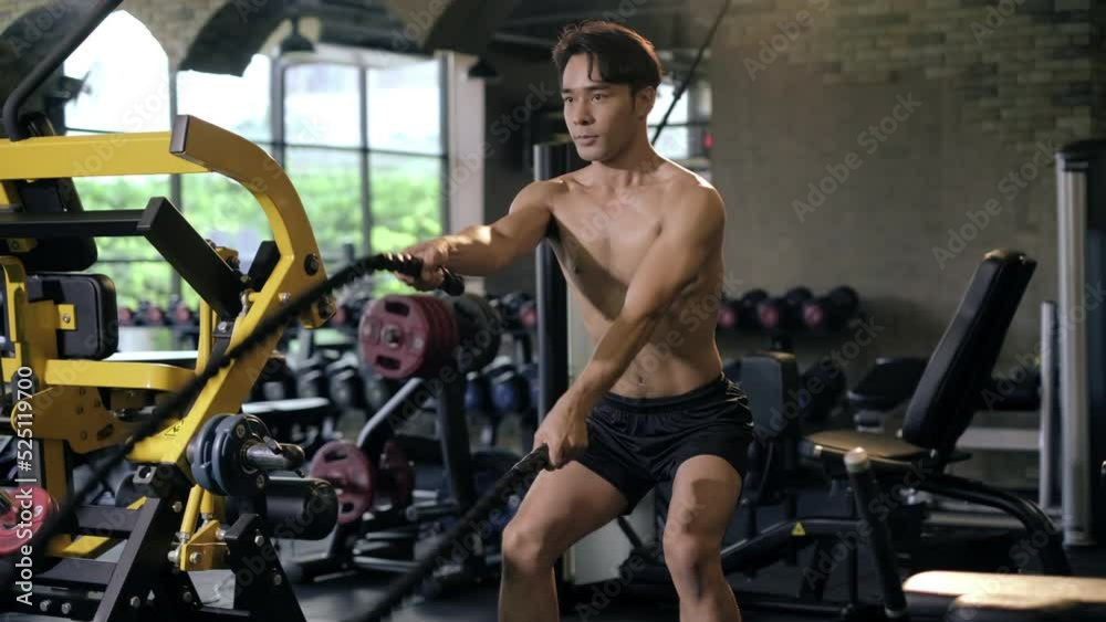 4K resolution cinematic short, Asian man muscular shirtless bodybuilder ...