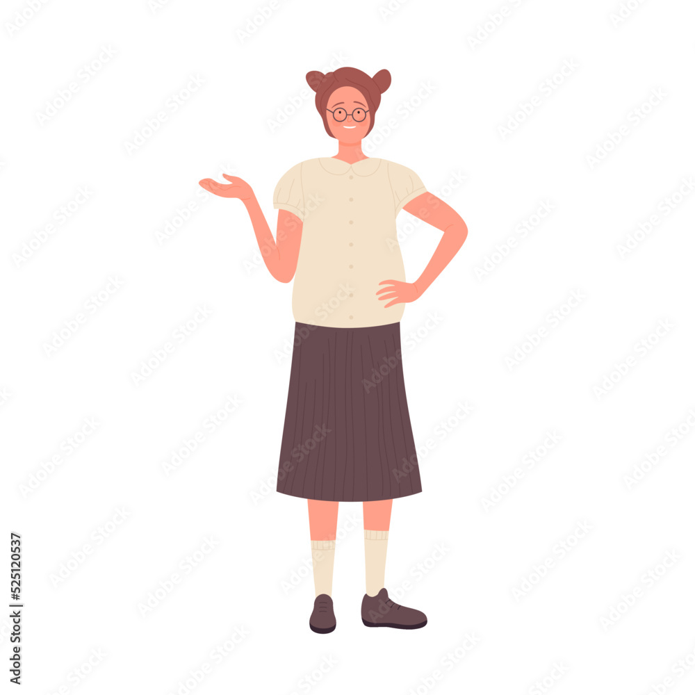 Nerd girl in presenting pose. Geek woman student smiling greeting ...