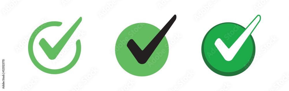 Check mark icons. Green checklist tick symbol. Approved and positive ...