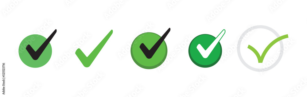 Check mark icons. Green checklist tick symbol. Approved and positive ...
