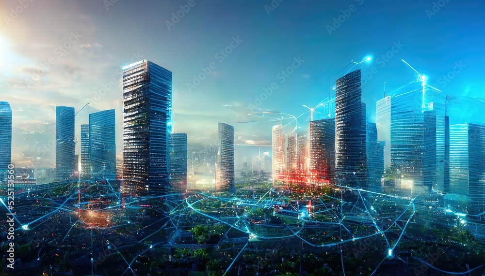 Poster Illustration of a smart city at night, application development ...