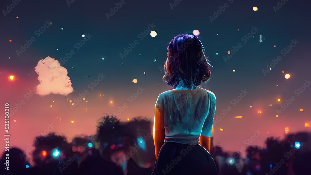Anime girl stargazing. Cute girl looking at the night sky. Atmospheric ...