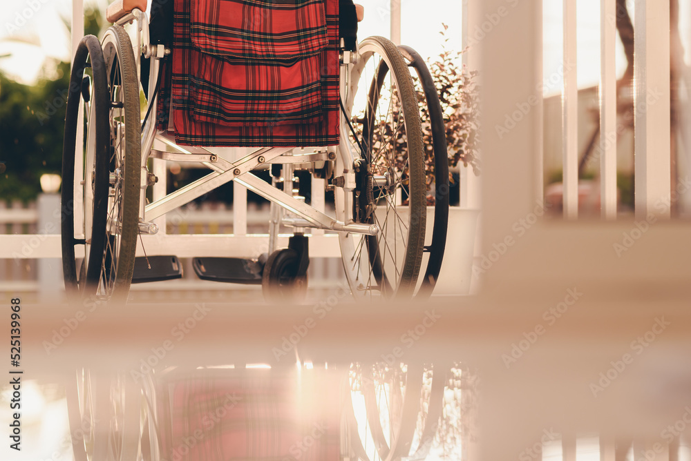 Wheelchair of person with disability in the house or hospital with ...