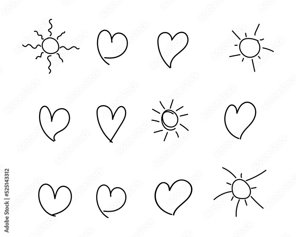 Hand drawn heart and sun elements for concept design isolated on white ...