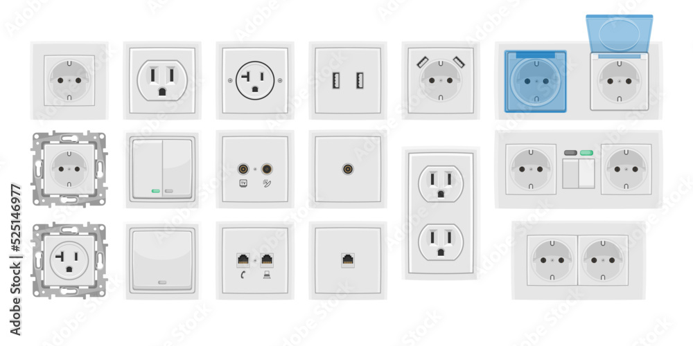 Large set of wall-mounted electrical socket and switches. Power Electrical Socket Various modern ...