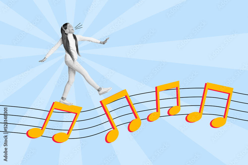 Collage illustration of little girl black white gamma walk melody notes ...