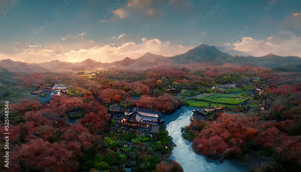Japanese lanscape. Bird view, drone view. River with mountains in the ...
