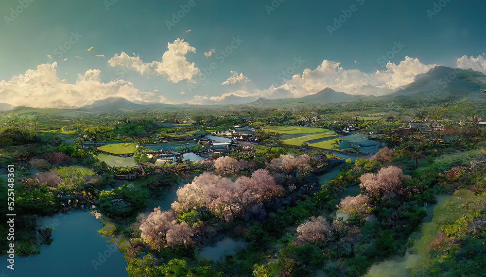 Japanese lanscape. Bird view, drone view. River with mountains in the ...