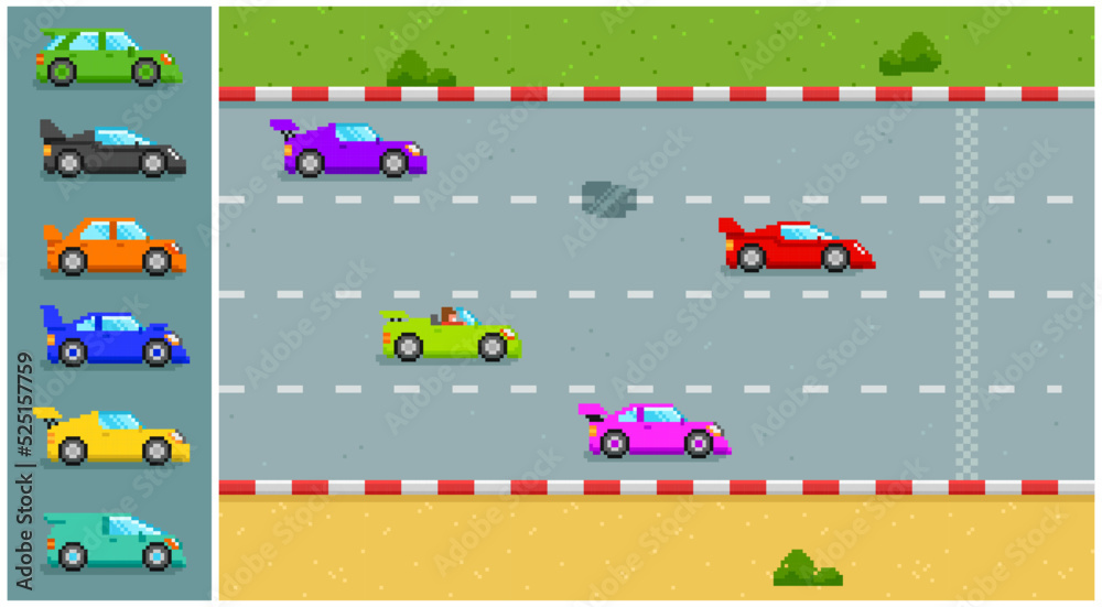 Pixel Art Race game with colorful sports cars and objects in 8-bit ...