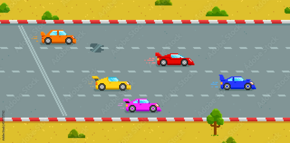 Pixel Art Race game with sports cars and objects in 8-bit style. Retro ... Pixel Art Race game with sports cars and objects in 8-bit style. Retro ...