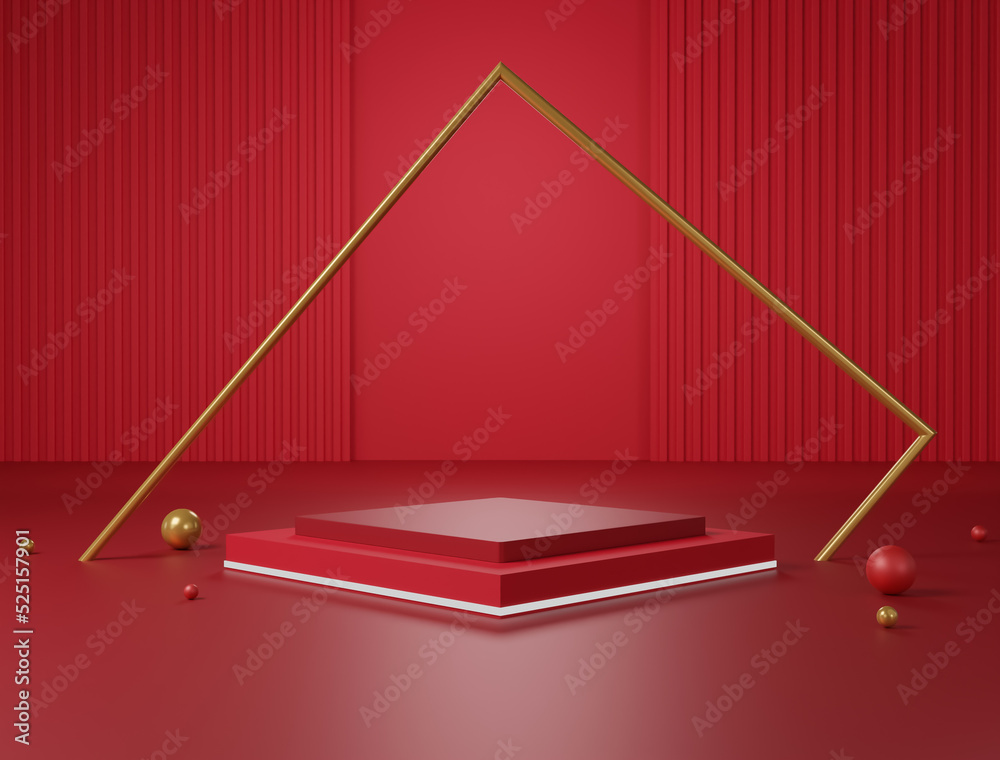 3d rendering studio with geometric shapes, modern red. Platforms for ...
