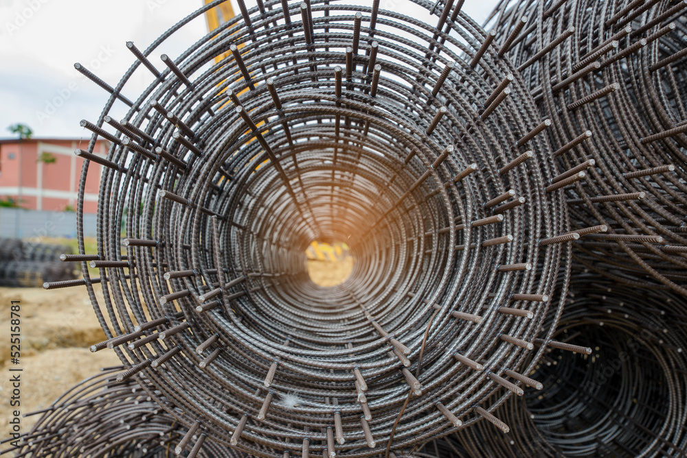 Stainless Steel wire Rolls in construction site. Closeup of Metal Steel ...