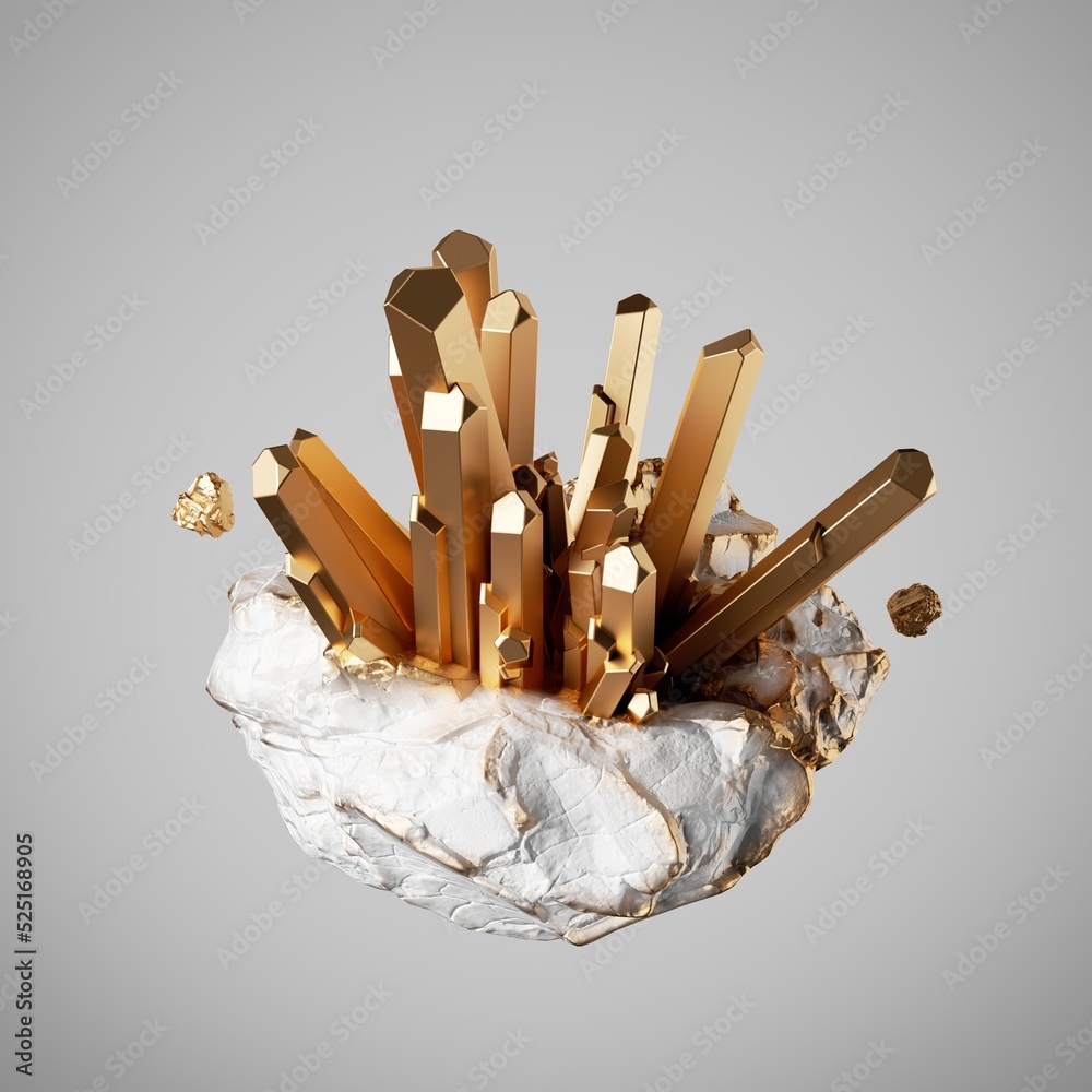 3d render, abstract white chalk rock stone with golden crystals ...