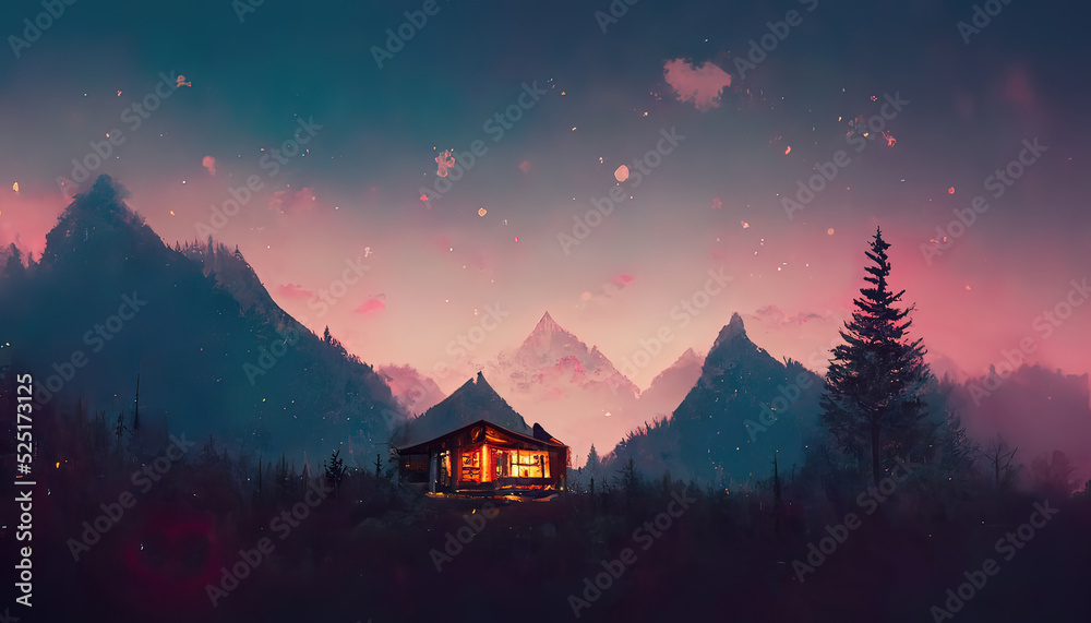 Cozy Lodge, cabin in the moutains during winter. Cold pink sunset with ...