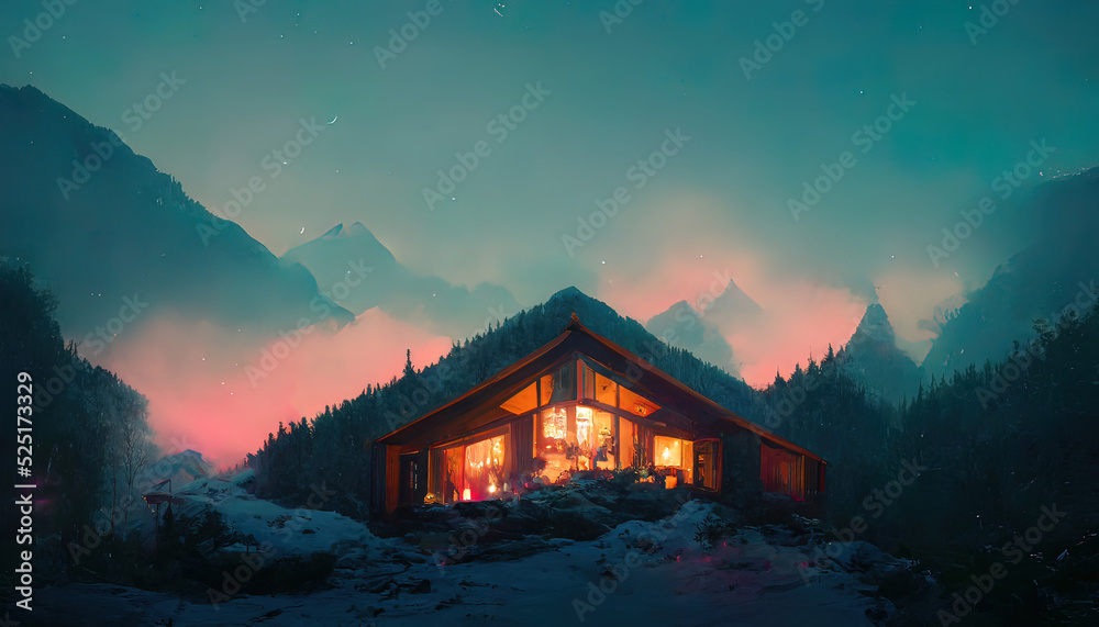 Cozy Lodge, cabin in the moutains during winter. Cold pink sunset with ...