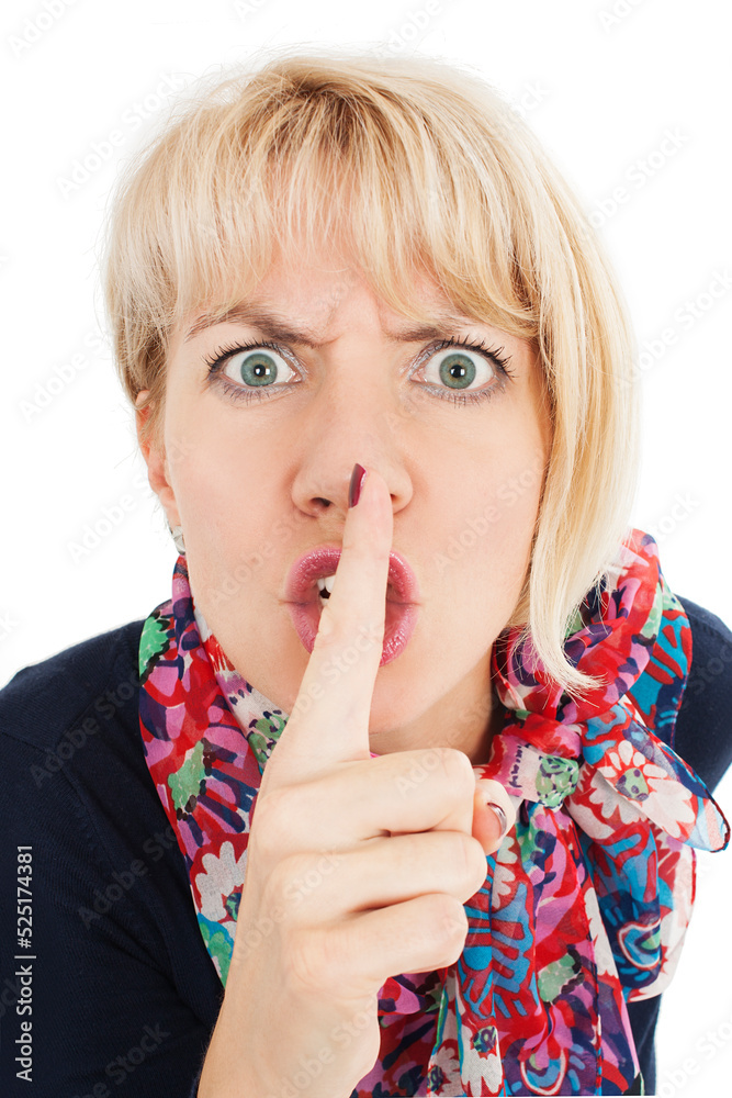 Angry Woman Wide Eyed Asking For Silence Or Secrecy With Finger On Lips