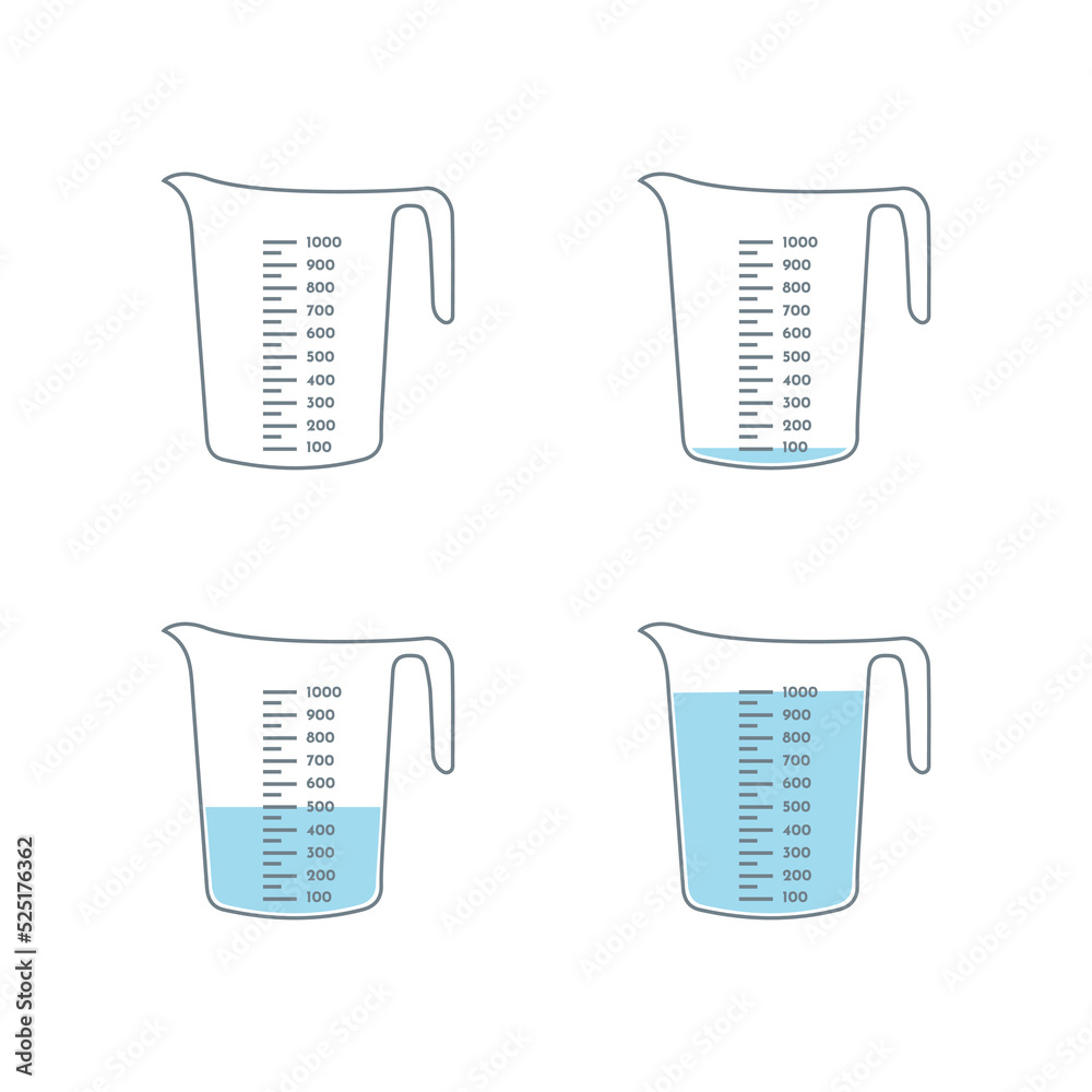 Kitchen measuring cups with various amount of liquid. Beaker for ...