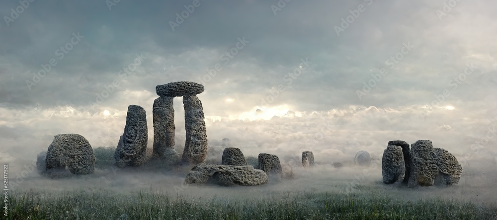 Cloudy overcast foggy morning with Imaginative surreal ancient druid ...