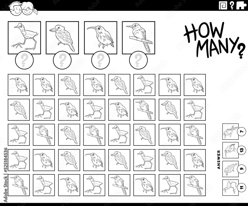 how many cartoon birds counting game coloring page Stock Vector | Adobe ...