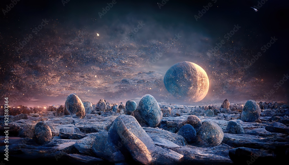 planet covered with cobblestones, space background with rocks under the ...