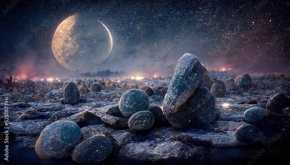 planet covered with cobblestones, space background with rocks under the ...