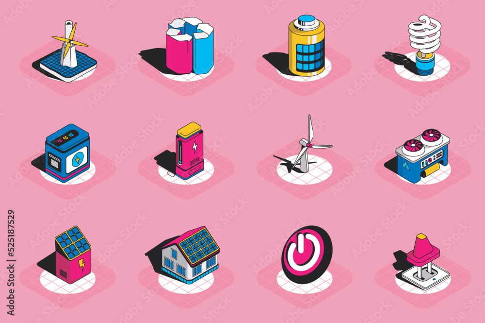 Energy and alternative sources 3d isometric icons set. Pack elements of ...