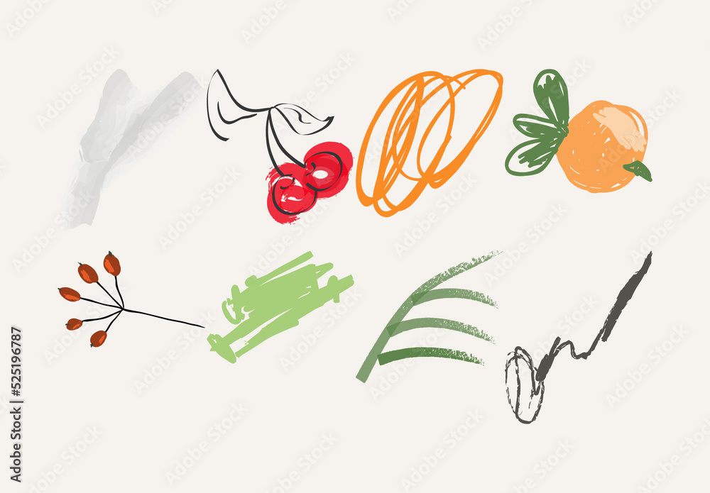 Set of Artistic Hand Drawn Fruits Flowers and Scribbles Stock Template ...
